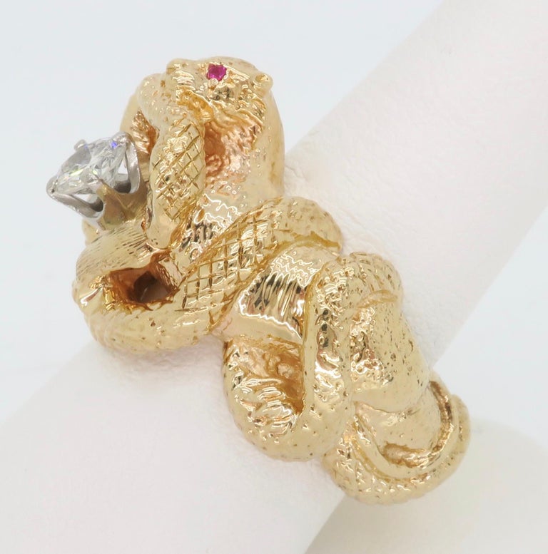 Custom Mongoose and Snake Ring Made with a Diamond and Rubies For Sale ...