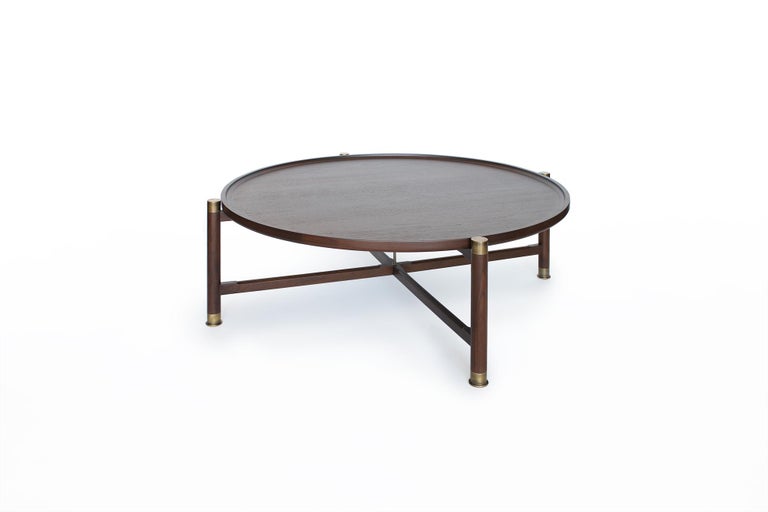 42" Custom, Otto Round Coffee Table in Lt Walnut with Antique Brass ...
