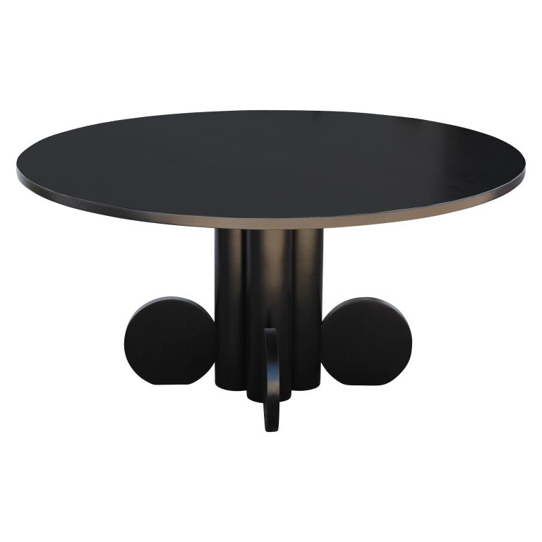 Custom Post Modern Round Black Stained Oak Dining Table with Abstract ...