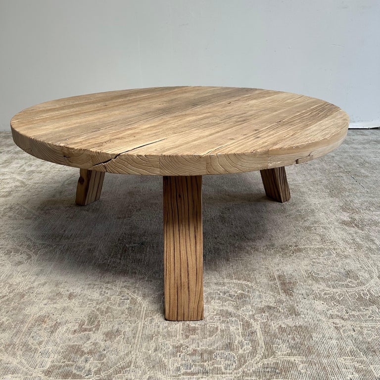 Custom Round Reclaimee Elm Coffee Table with Tri-Leg For Sale at 1stDibs