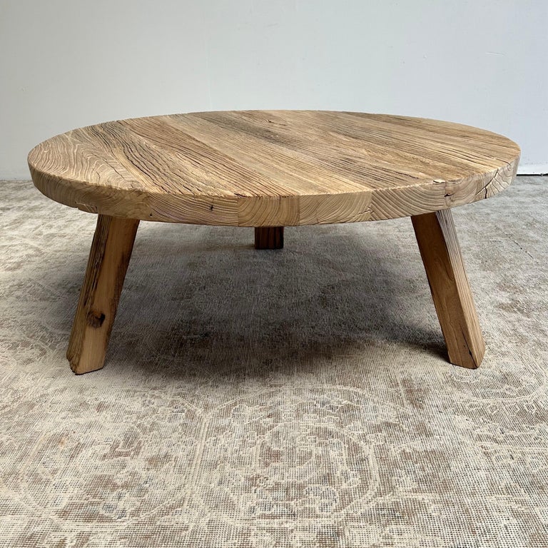 Custom Round Reclaimee Elm Coffee Table with Tri-Leg For Sale at 1stDibs