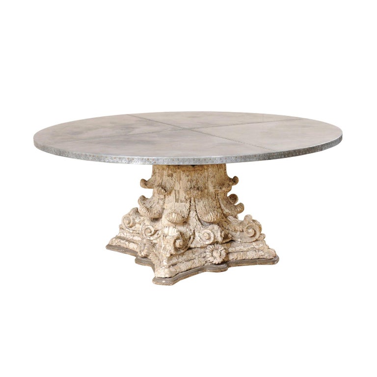 Custom 5.74 Ft. Round Zinc Top Table w/ Beautiful Antique Capital ...