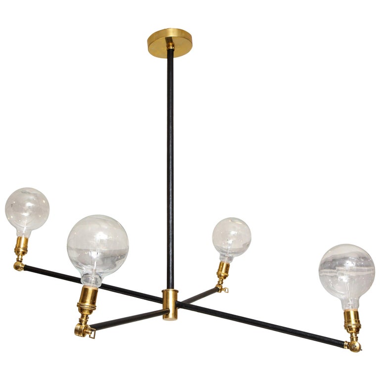Custom Sculptural Leather and Brass Four-Arm Fixture with Articulating ...