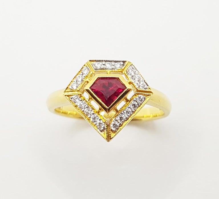 Custom Shield Cut Ruby with Diamond Ring Set in 18 Karat Gold Settings ...