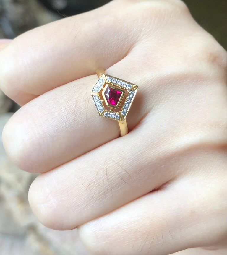 Custom Shield Cut Ruby with Diamond Ring Set in 18 Karat Gold Settings ...