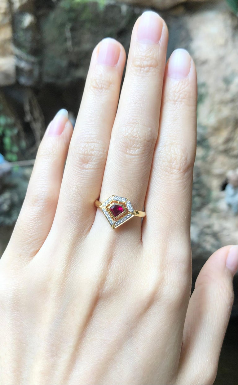 Custom Shield Cut Ruby with Diamond Ring Set in 18 Karat Gold Settings ...