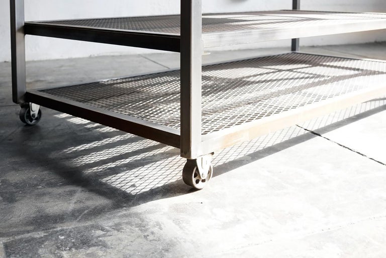 Custom Steel Rolling Rack with Expanded Metal Shelves at 1stDibs