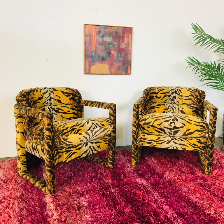 Pair of Custom Tiger Print Chairs in the Style of Milo Baughman For ...