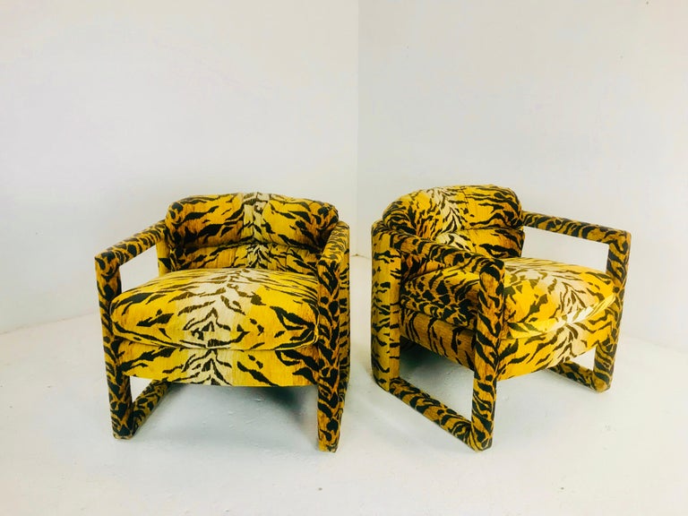Pair of Custom Tiger Print Chairs in the Style of Milo Baughman For ...
