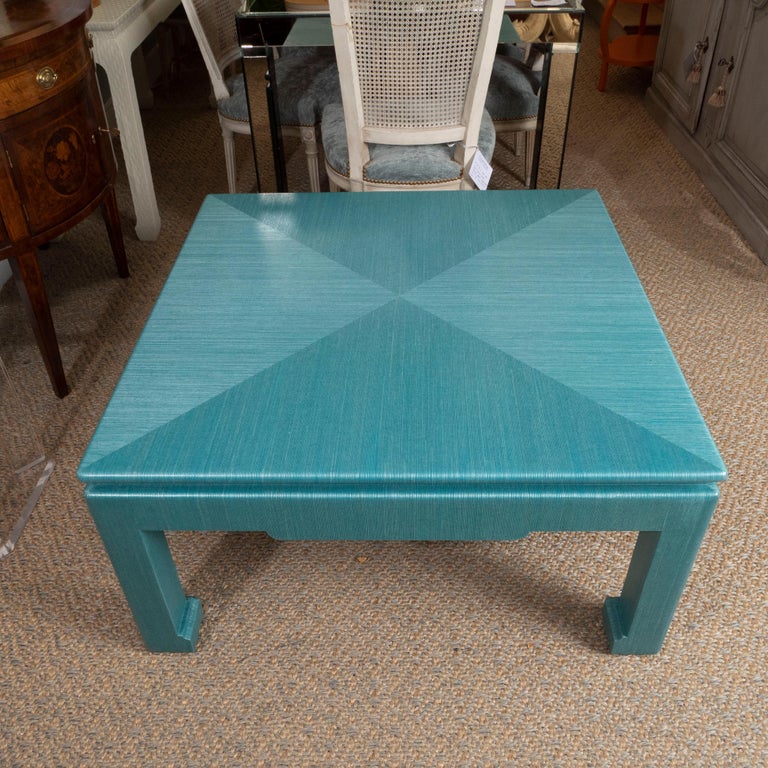 Custom Turquoise Grasscloth-Wrapped Cocktail Table at 1stDibs