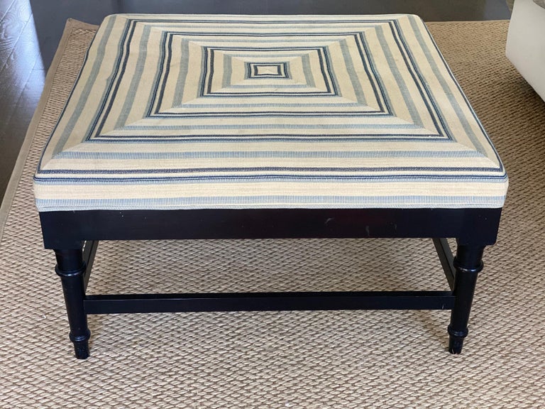 Custom Upholstered Black Lacquered Ottoman with Blue and White Striped ...