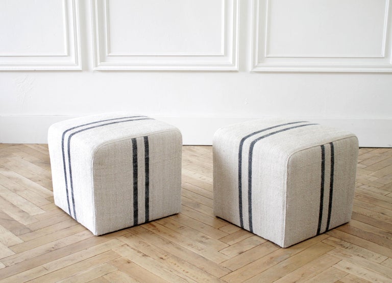 Custom Upholstered Cube Ottomans in Natural Grain Sack with Black Stripe at 1stDibs ...