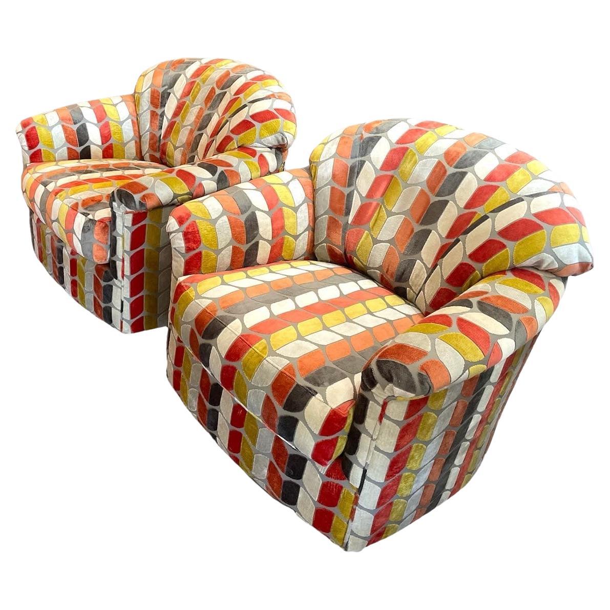 Custom Upholstered Set of Swivel Chairs in Style of Milo Baughman at ...