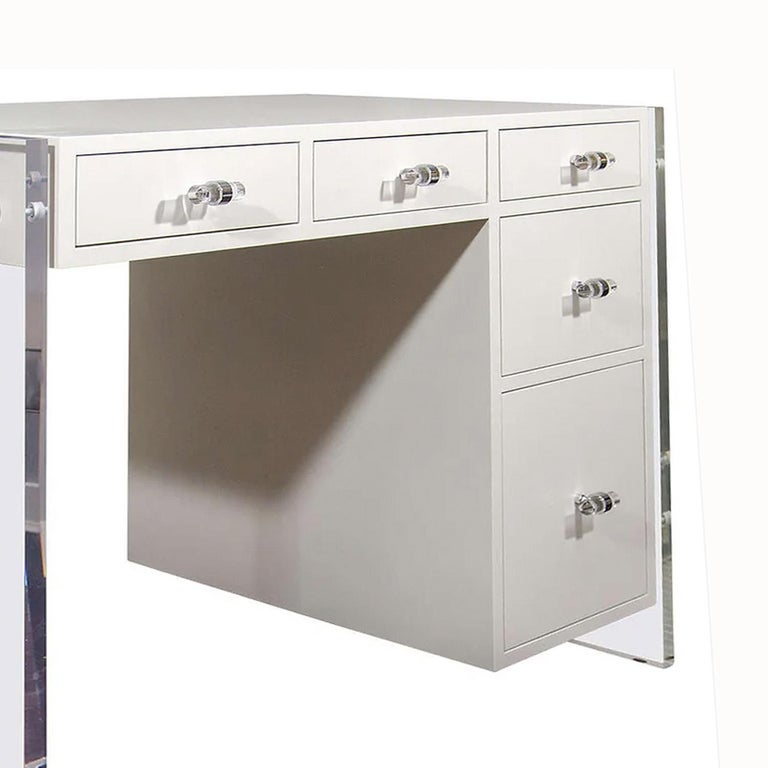 Custom White Lacquer Desk with Lucite Side Panels For Sale at 1stDibs