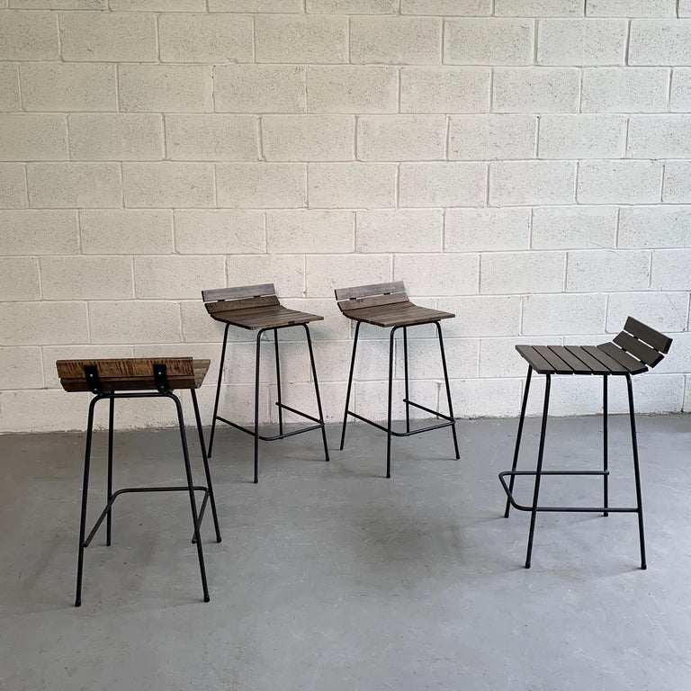 Custom Wrought Iron and Slat Maple Counter Height Stools at 1stDibs