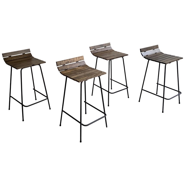 Custom Wrought Iron and Slat Maple Counter Height Stools at 1stDibs