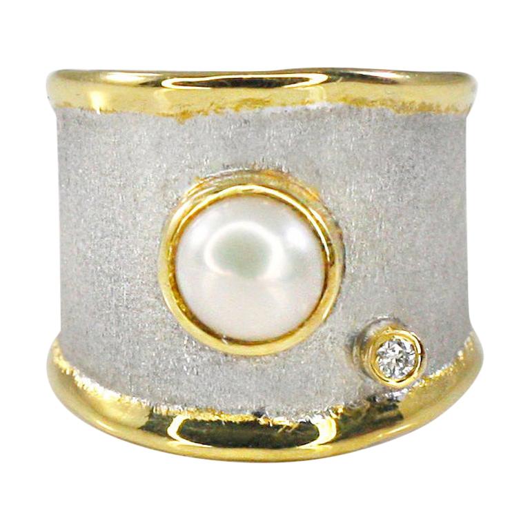 Custom YC Fine Silver Artisan Ring with Pearl Diamond and 24 Karat Gold ...