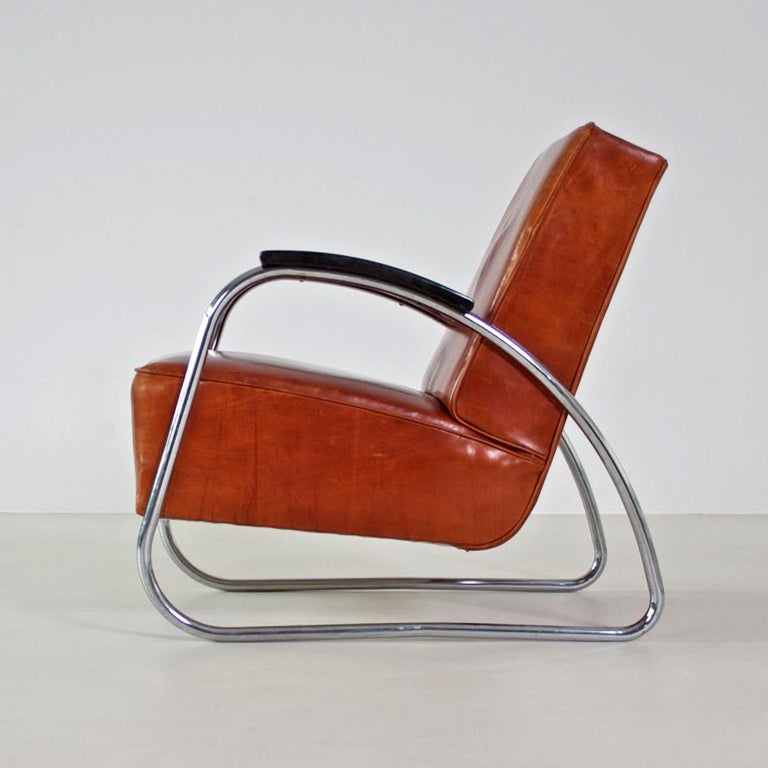 Customizable Modernist Club Chair by Mauser, Chromed Metal, Leather ...