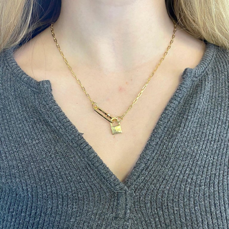 Customizable Paperclip Chain with Locket, Yellow Gold For Sale at 1stDibs
