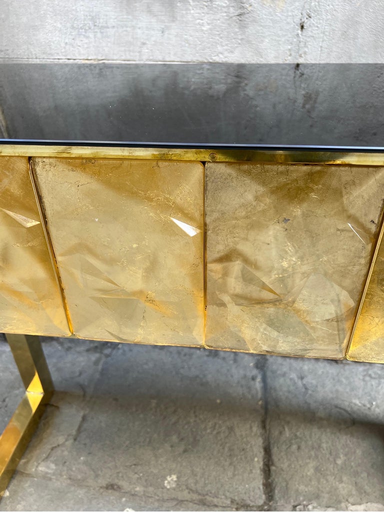 Cut Diamond Shape Gold Murano Glass Console and Black Opaline Glass Top ...
