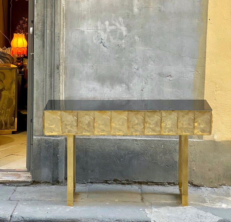 Cut Diamond Shape Gold Murano Glass Console and Black Opaline Glass Top ...