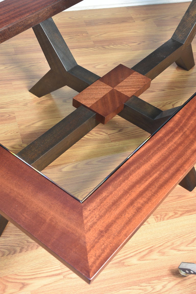 Cutean Cocktail Table, Ribbon Sapeli with Black Legs and Glass, by Lee ...