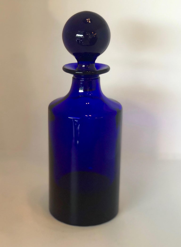 Cylindrical Cobalt Blue Cast Glass Decanter With Large Ball Stopper At 1stdibs