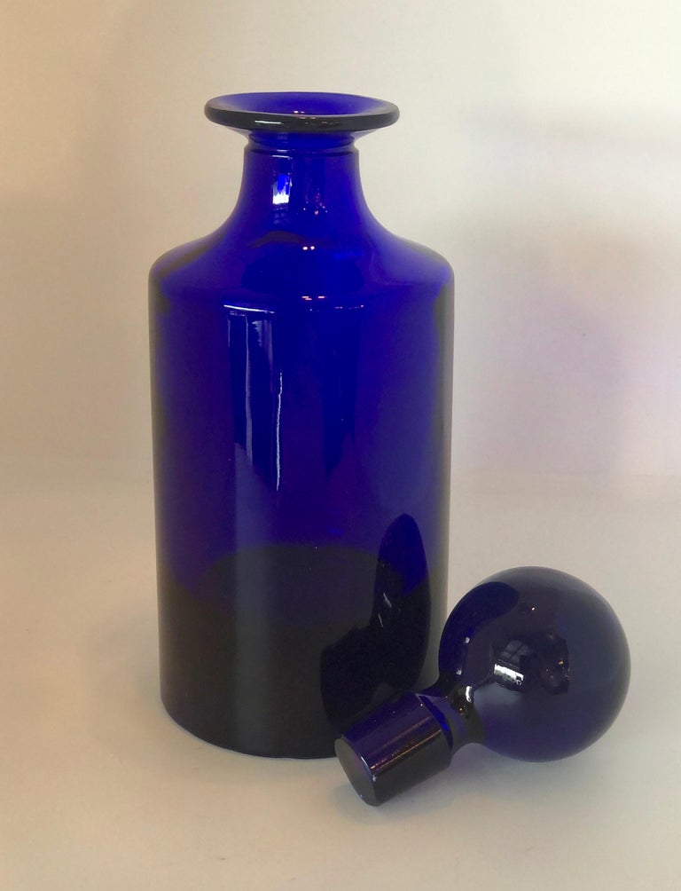 Cylindrical Cobalt Blue Cast Glass Decanter with Large Ball Stopper at ...