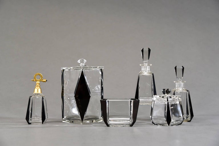 Czech Art Deco Black Enamel and Hand Blown and Cut Crystal 6 Pc Dresser ...