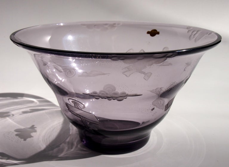 Czech Art Deco Zelezny Brod School Signed and Dated Biplane Glass Bowl ...