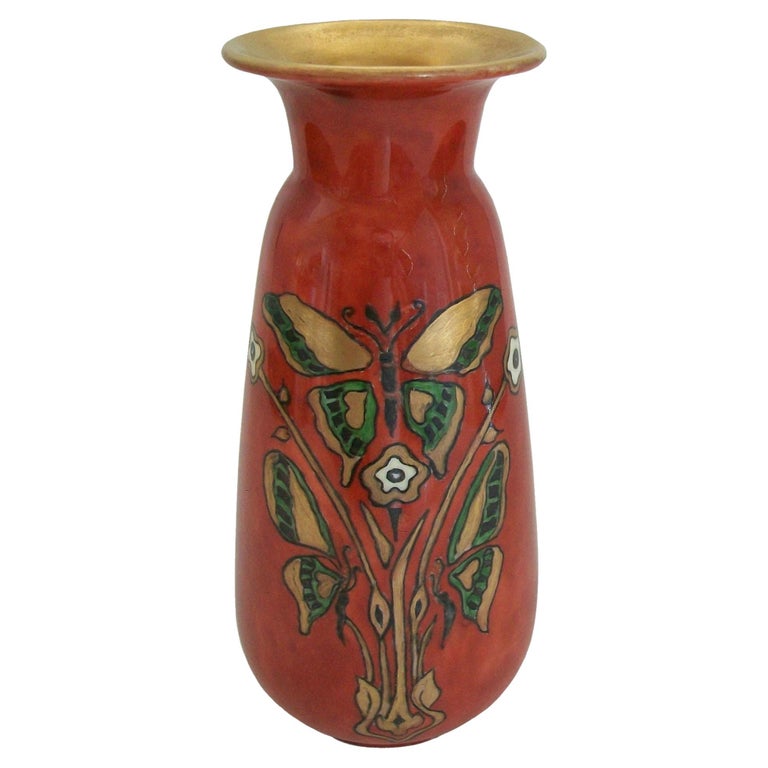 Vase Art nouveau tchèque peint et doré à la main - Signé - vers 1900 En ...