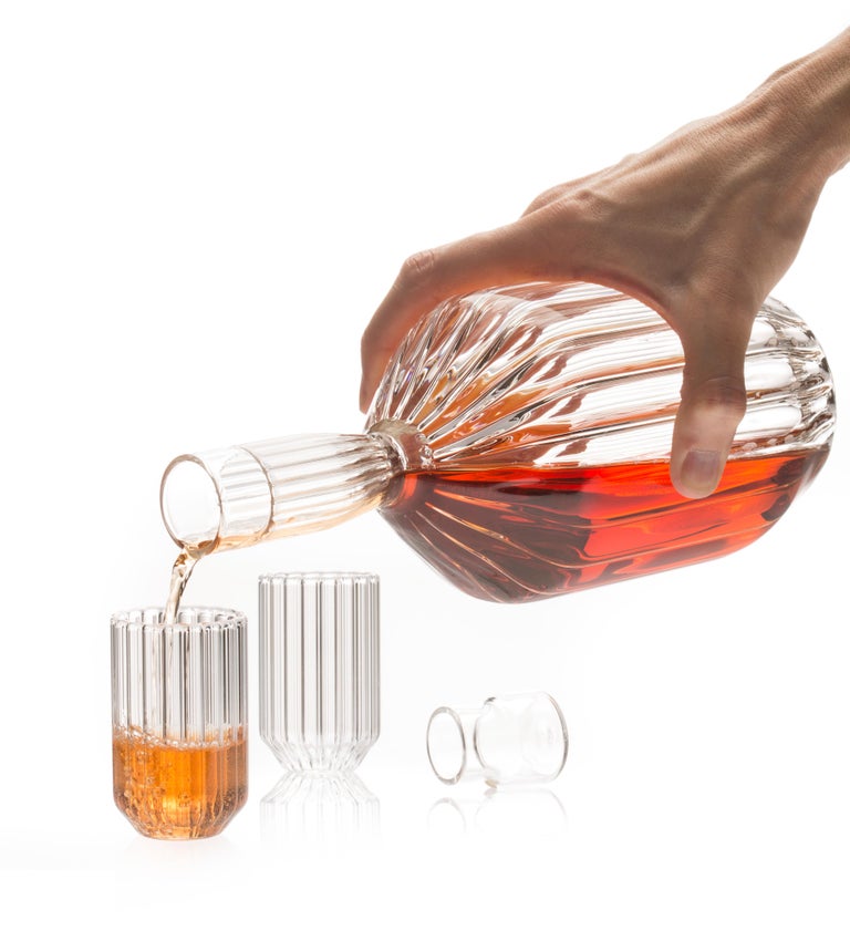 Czech Clear Contemporary Fluted Decanter and Two Liqueur Shot Glass Set ...