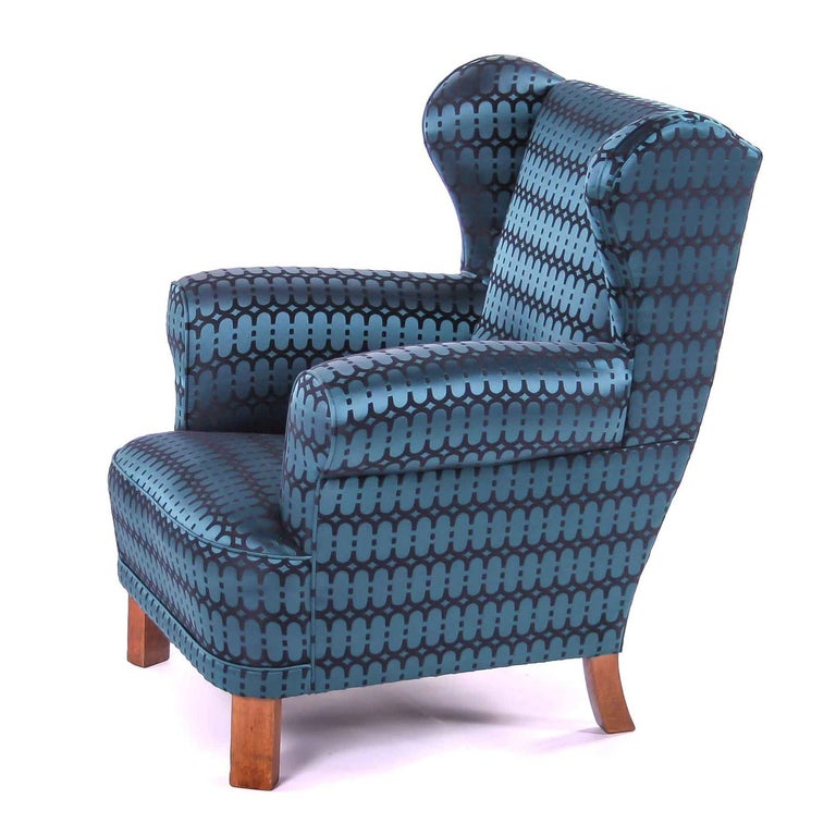 Czech Interwar Avantgard Design Green Wingback Armchair For Sale at 1stDibs