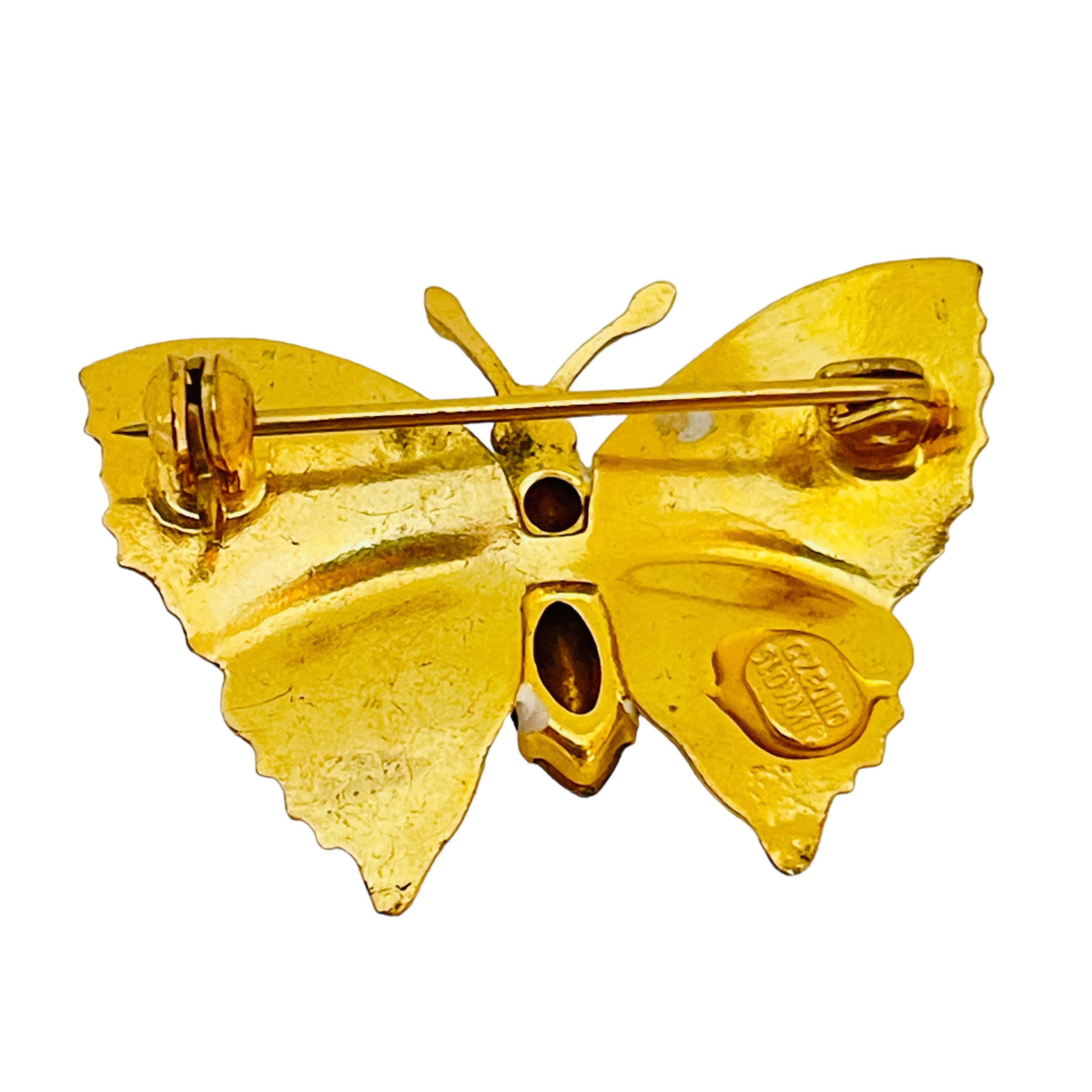 CZECHO SLOVAKIA signed gold enamel emerald rhinestone butterfly ...