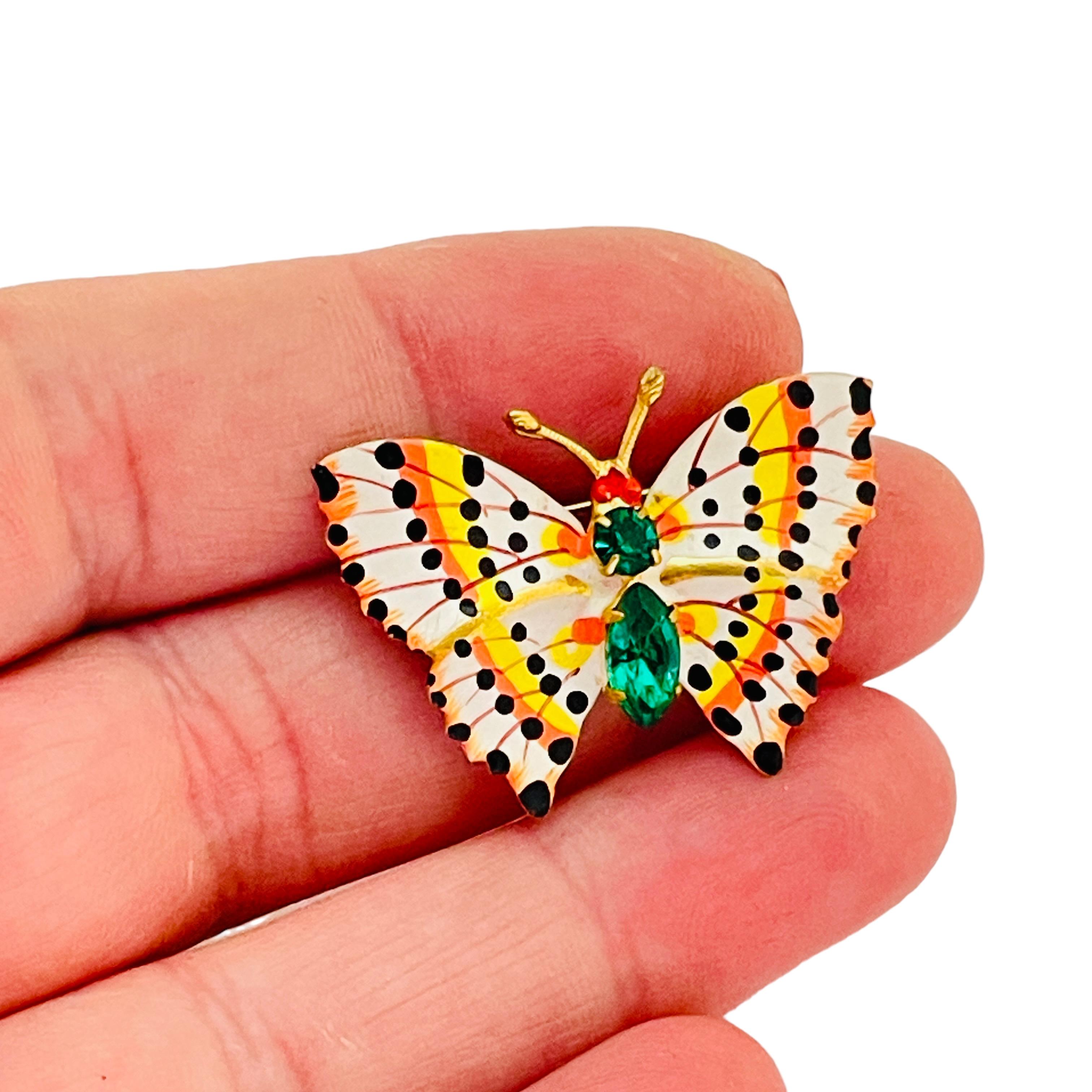 CZECHO SLOVAKIA signed gold enamel emerald rhinestone butterfly ...