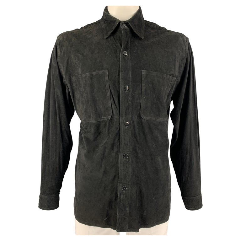 DA MILANO Size XL Solid Black Leather Long Sleeve Shirt / Jacket at 1stDibs