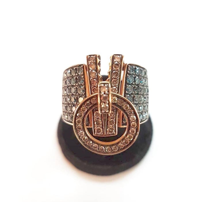 Dada Arrigoni Blue and Brown Diamond Zip Ring in Rose Gold For Sale at ...