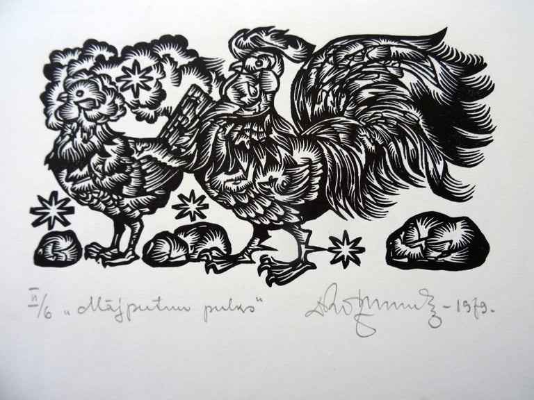 Dainis Rozkalns - A flock of poultry. 1979. Paper, linocut, 25x34 cm ...
