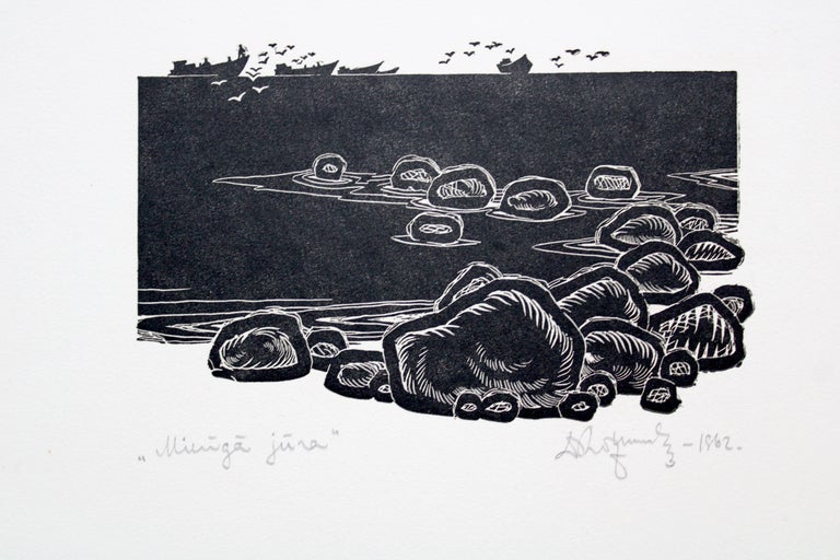 Dainis Rozkalns - Calm sea. 1962. Paper, linocut, 26,5x32 cm For Sale ...