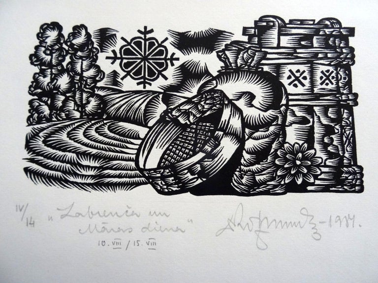Dainis Rozkalns - Day of fire. 1984. Paper, linocut, 25x34 cm For Sale ...