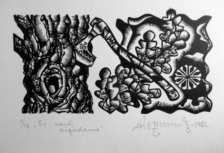 Dainis Rozkalns - Going in battle. 1982. Paper, linocut, 25x34 cm For ...
