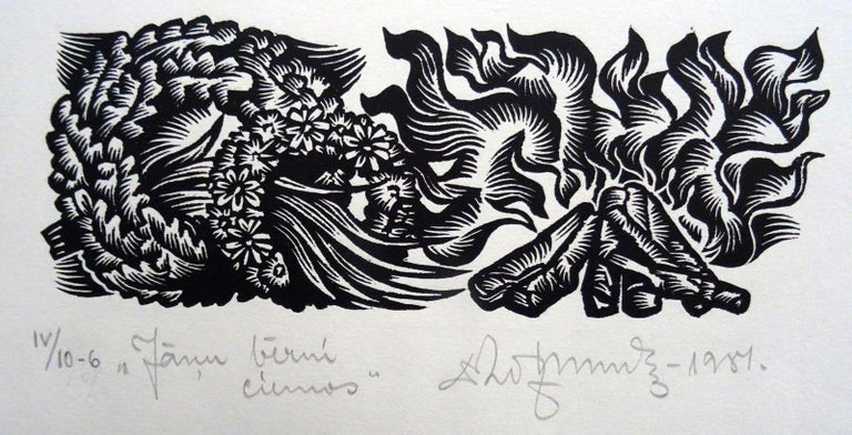 Dainis Rozkalns - Guests of solstice. 1984. Paper, linocut, 20x34 cm ...