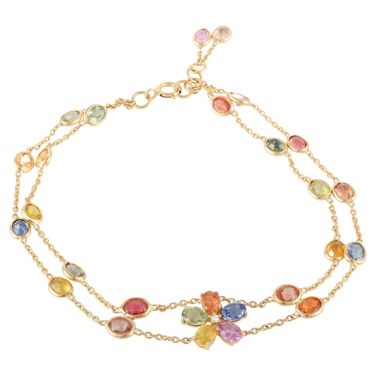 Dainty Flower Double Chain 18 Karat Multi Sapphire Diamond Bracelet for ...