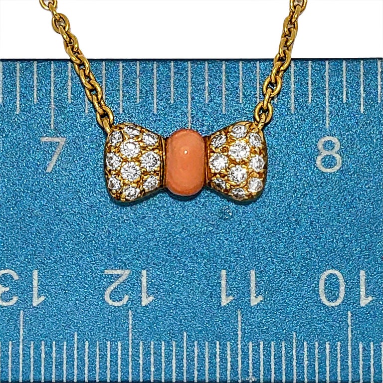 Dainty, French, VCA 18K Yellow Gold Diamond and Angel Skin Coral Bow ...