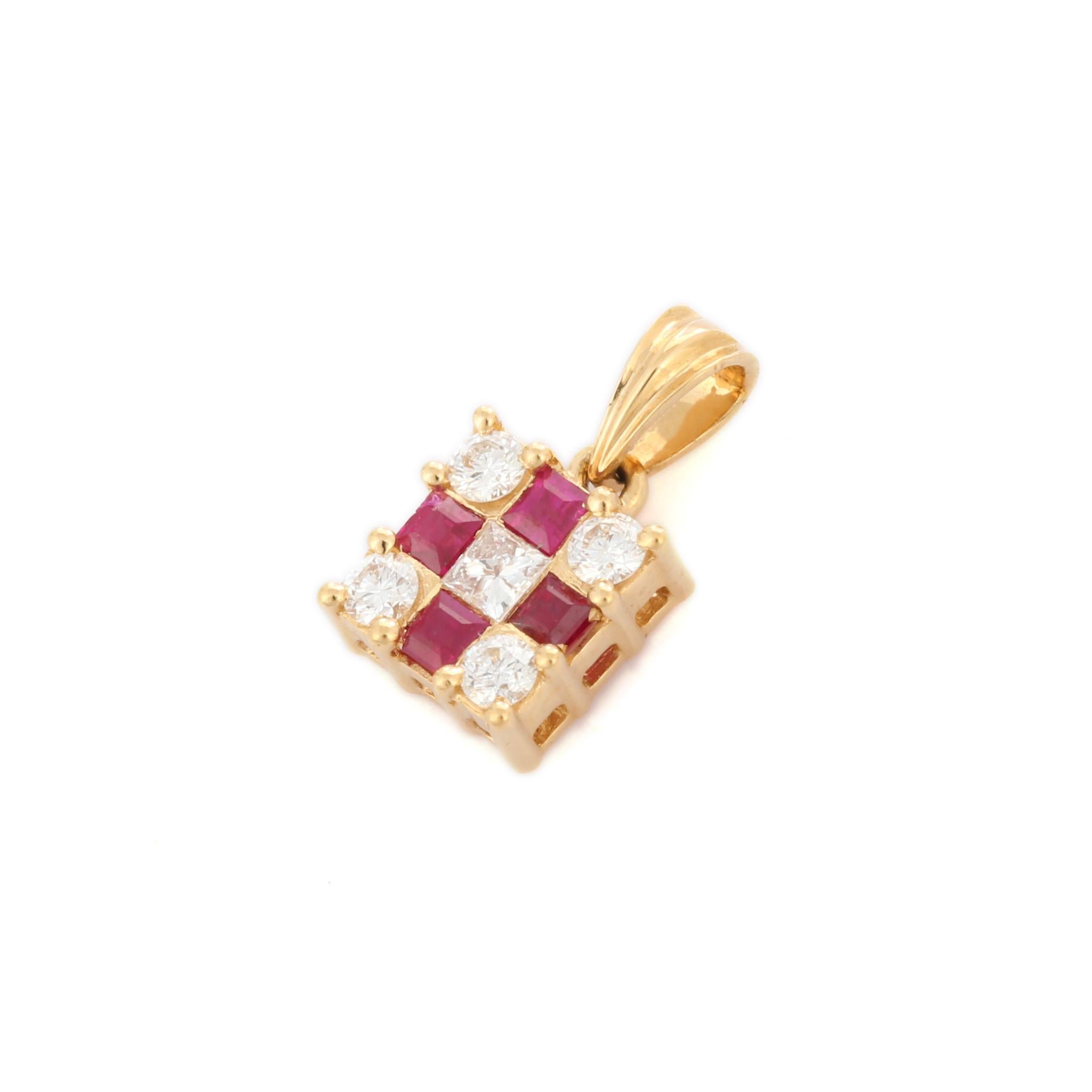 Dainty Mosaic Ruby and Diamond Square Pendant, 18K Yellow Gold Ruby ...