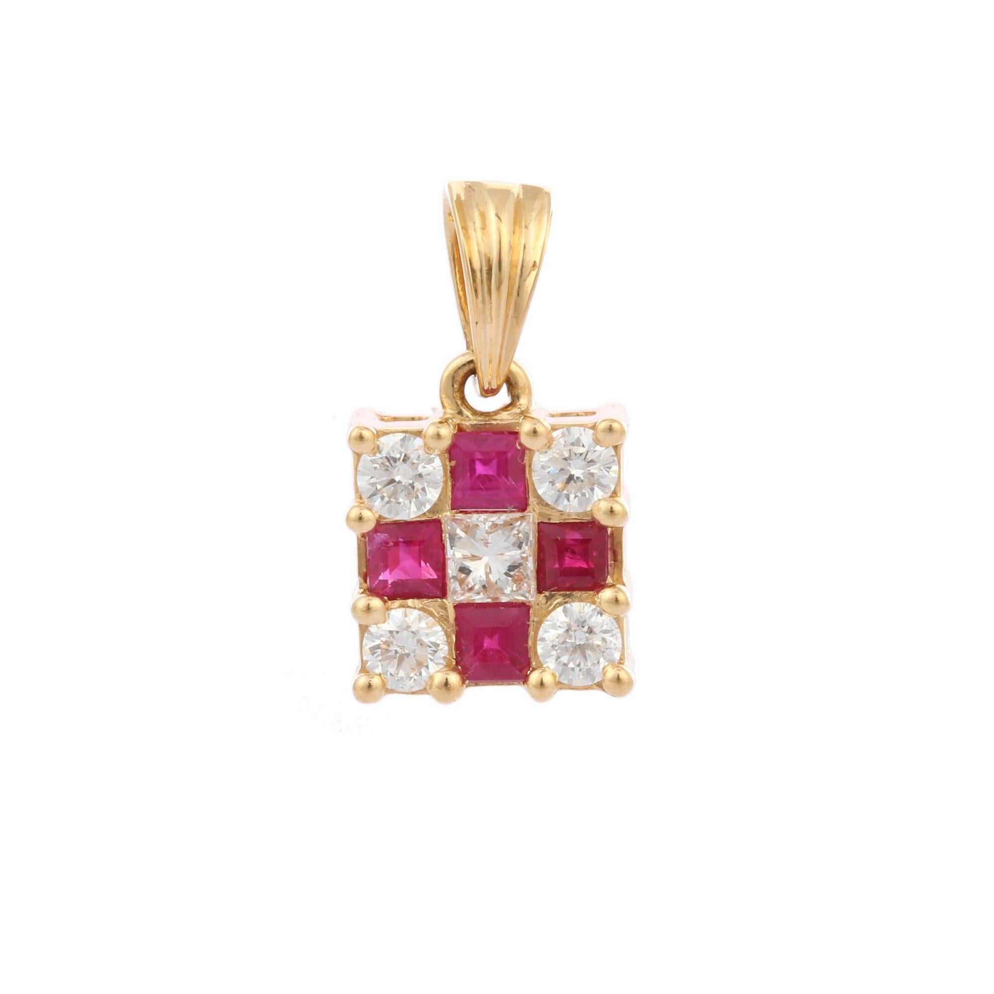 Dainty Mosaic Ruby and Diamond Square Pendant, 18K Yellow Gold Ruby ...
