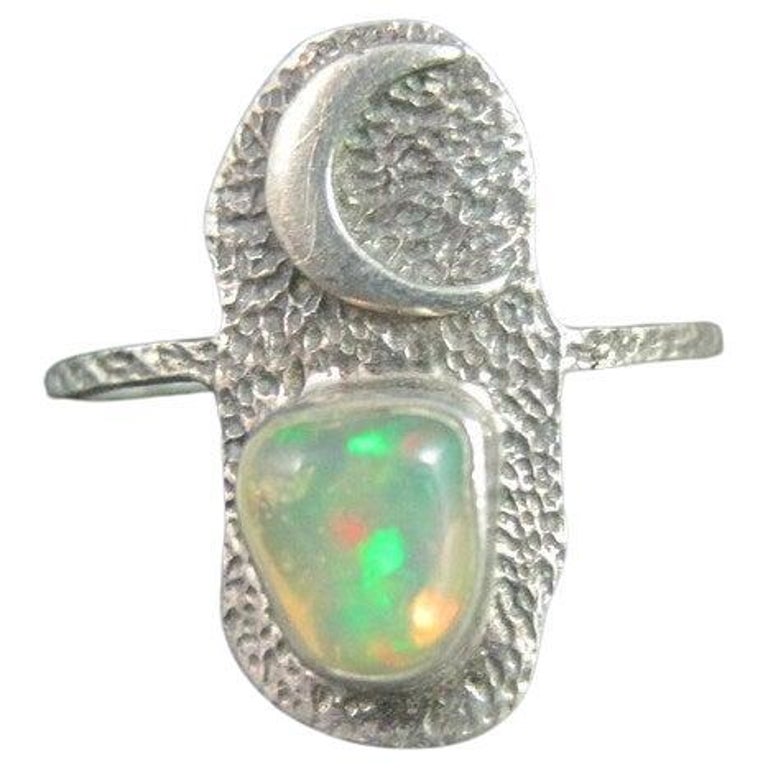 Dainty Sterling Opal Moon Ring For Sale at 1stDibs