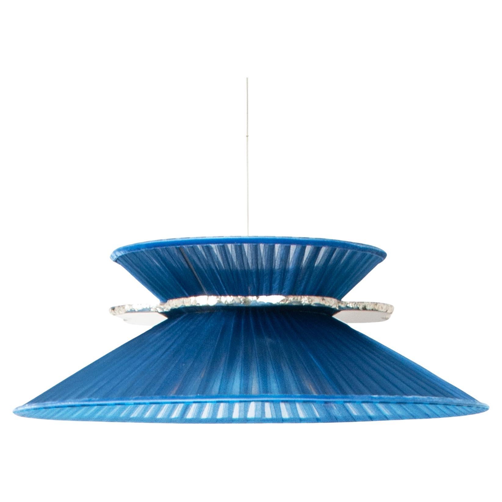 Daisy Contemporary Hanging Lamp 44, Blue Silk, Silvered Neacklace Glass ...
