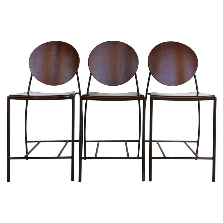 Dakota Jackson Vik-Tor 2 Wood / Iron Counter Stools, Set of 3 at 1stDibs