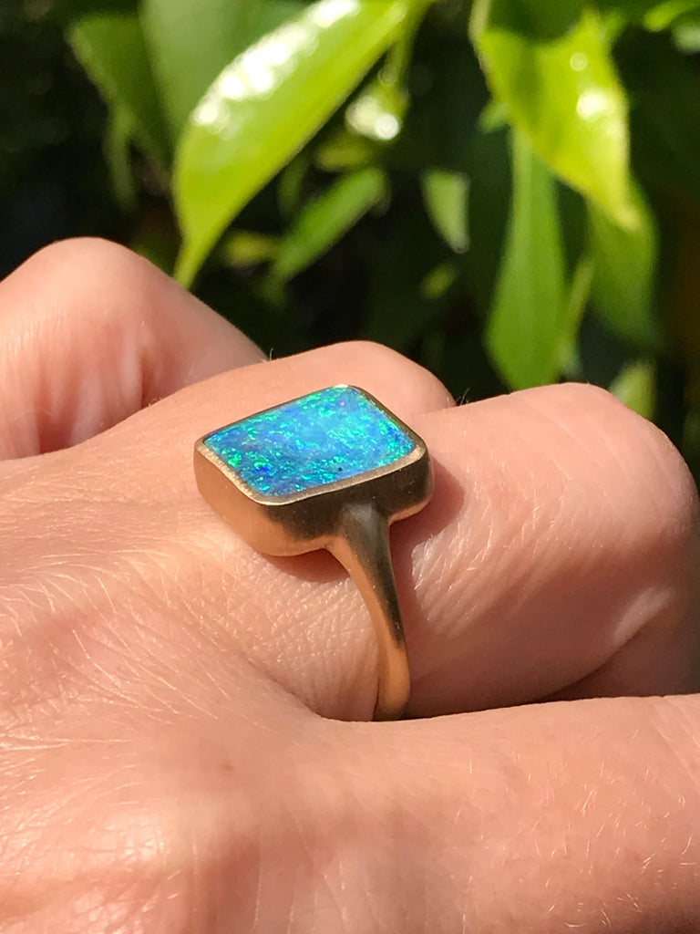 Dalben Blue Green Square Boulder Opal Yellow Gold Ring For Sale at 1stDibs